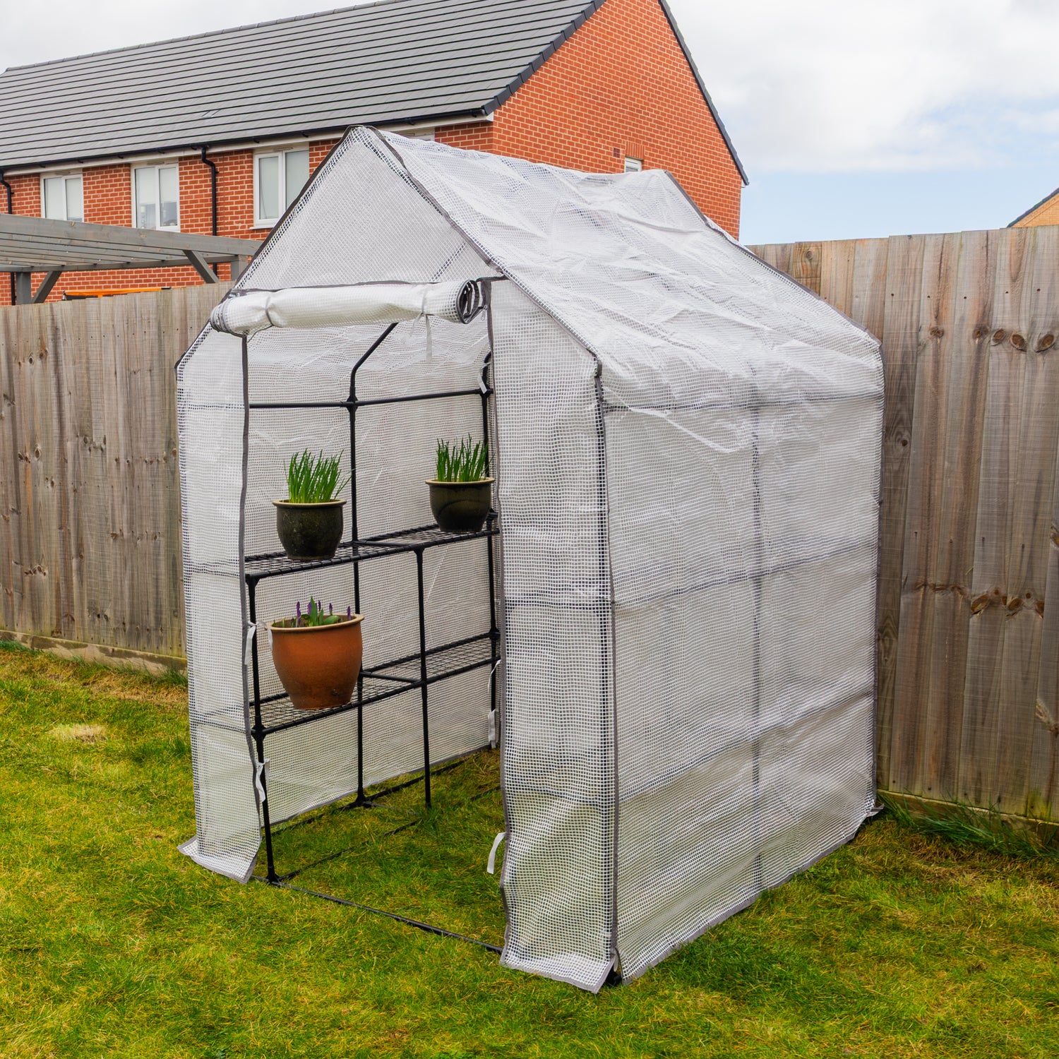 Woodside Large Walk-in Greenhouse with Netted PE Cover 4 Shelves Steel ...