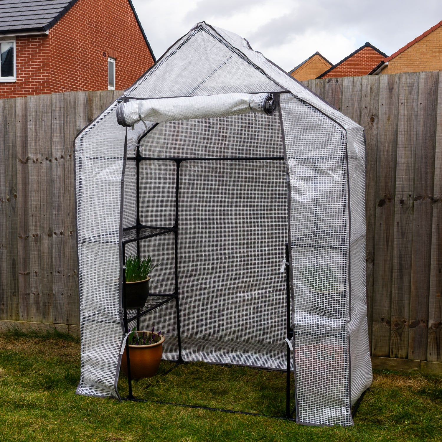 Woodside Walk-in Greenhouse with Netted PE Cover 4 Shelves Steel Frame ...